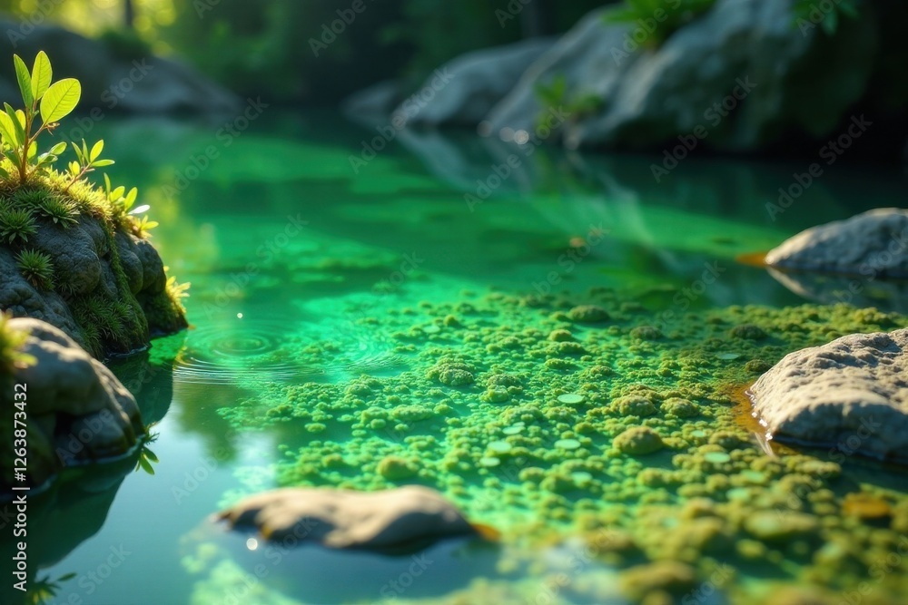 Microscopic algae bloom in a shallow pool of water, algae, microscopic ...