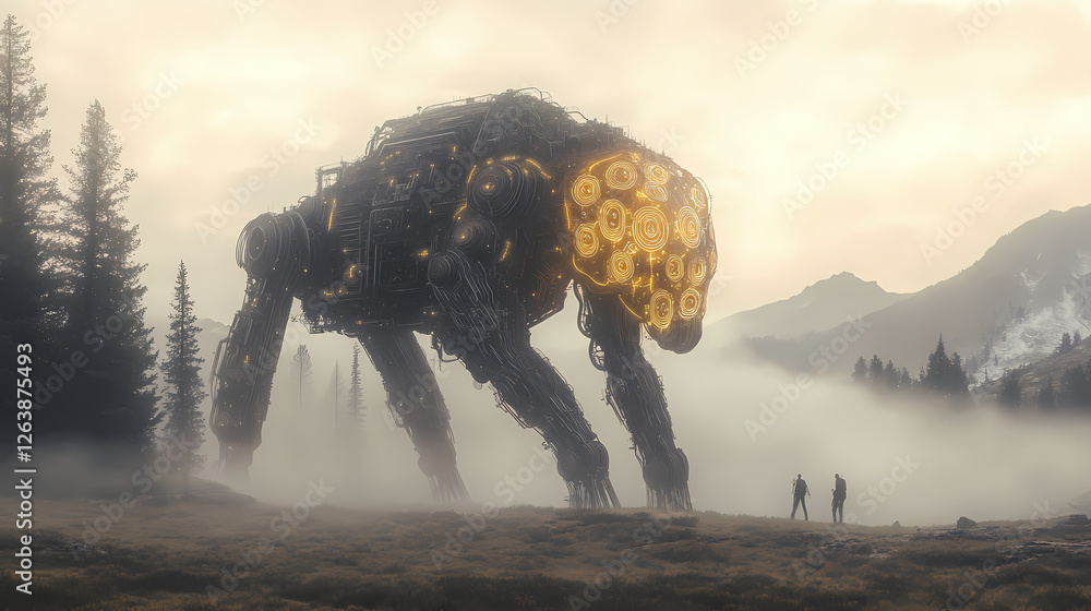 Mechanical behemoth in misty canyon, a colossal creature with luminous ...