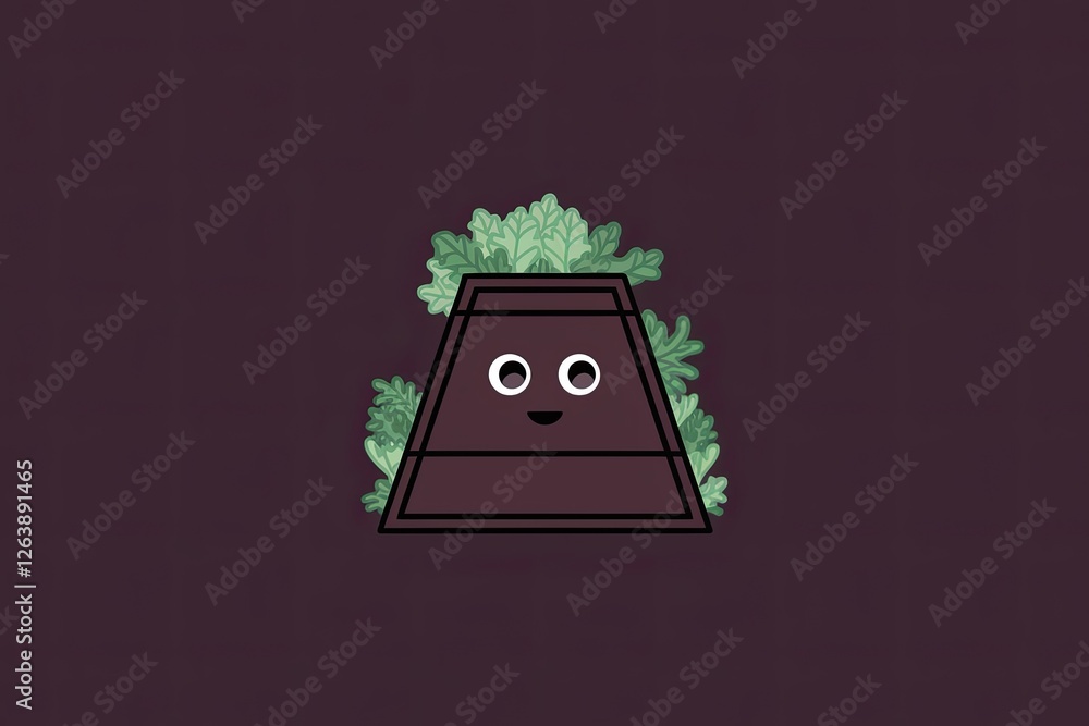 Cartoon of a trapezoid shaped pot with happy face and green plants on ...