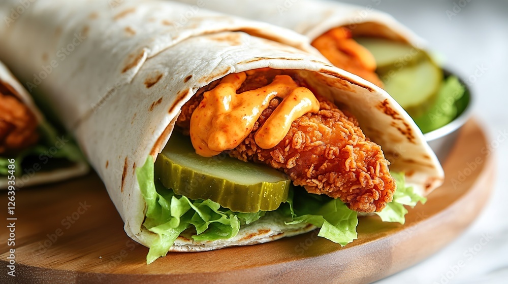 crispy chicken wrap with lettuce, pickles, spicy mayo, and a tender ...