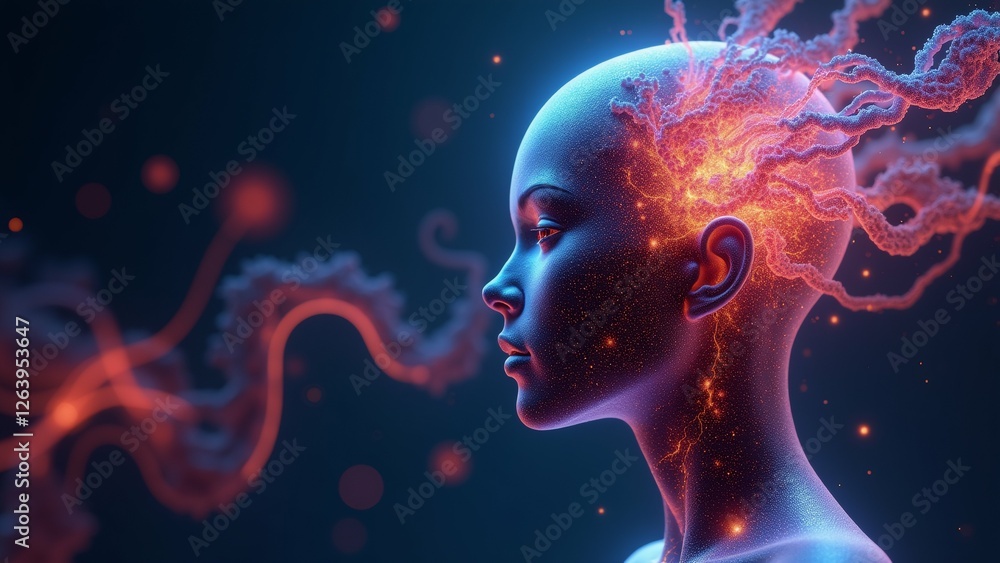 digital illustration human head neck head facing towards side serious ...