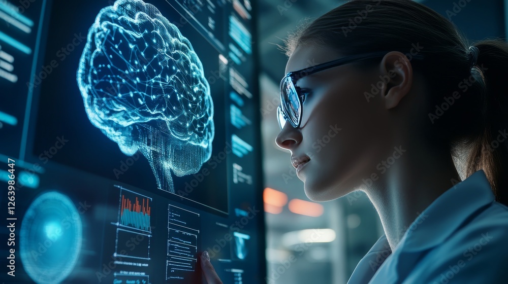 AI Artificial Intelligence. Business woman using AI technology for data analysis, coding ...