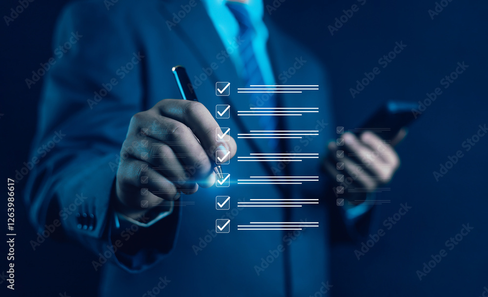 Business Performance Checklist Businessman Using Laptop Doing Online ...