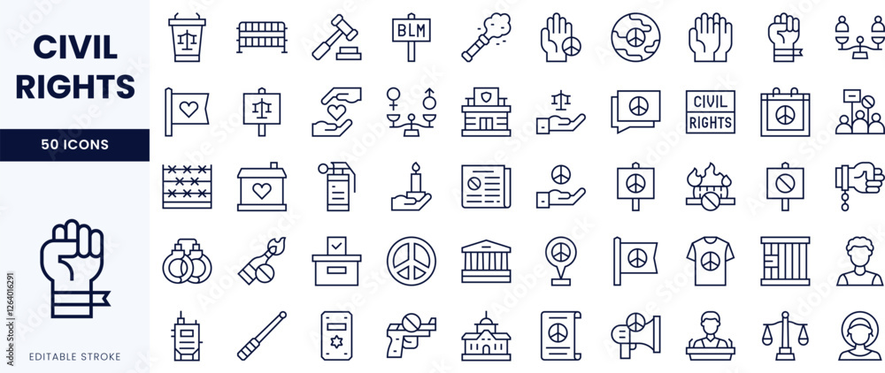 A collection of icons representing civil rights themes, including legal ...