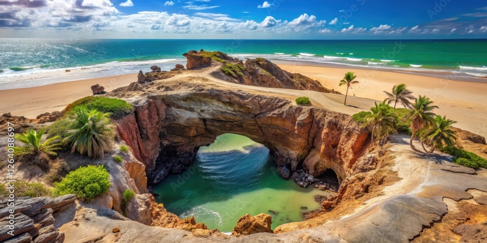 Ancient volcanic rock formation with a large hole on the beach of ...