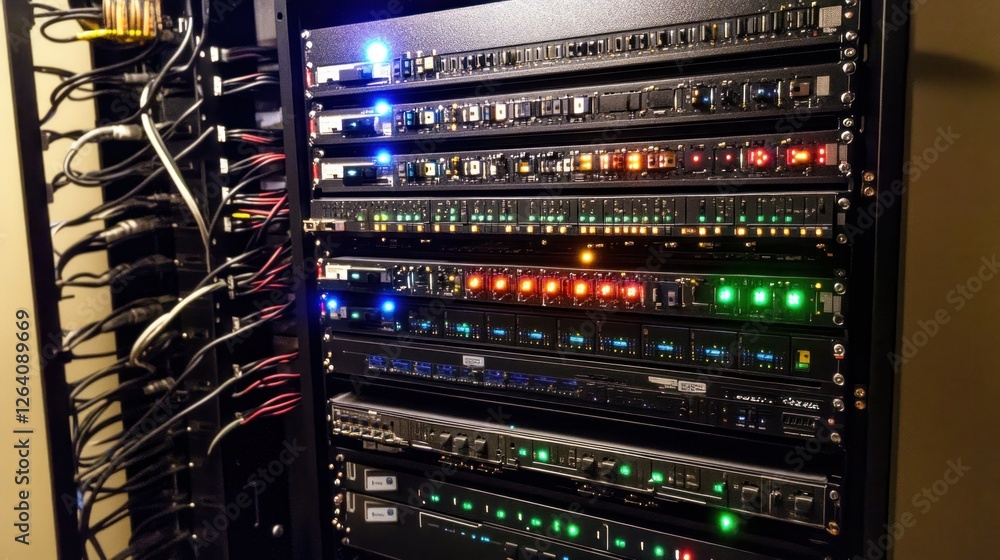 Rack-mounted audio-visual equipment in server room, illuminated LEDs ...