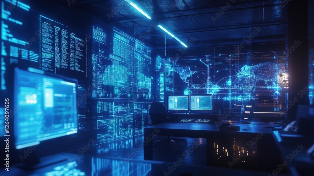 A hightech control room illuminated in cool blue tones where analysts ...
