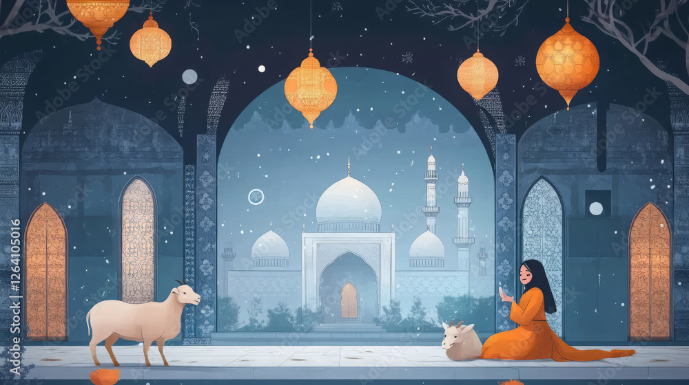 eid al-adha digital art with muslim girl praying amid mosque background ...