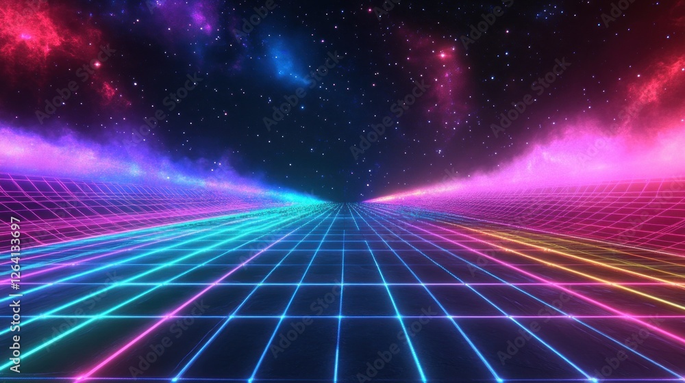 Retro-futuristic game scene with neon rainbow laser grid, wire frame ...
