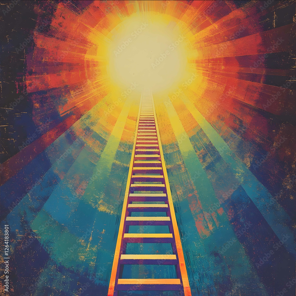 A 1980s poster illustration of a ladder reaching up to a bright light ...