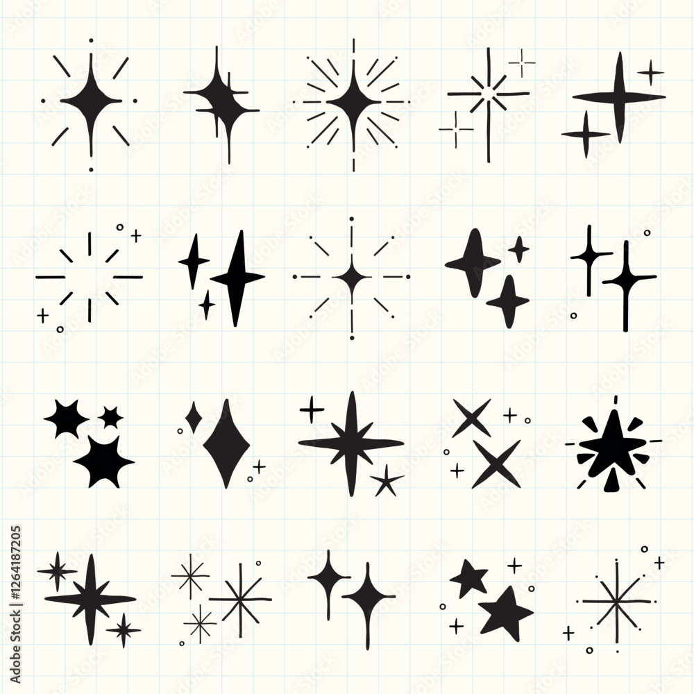 Collection of black star and sparkle icons on a grid background ...