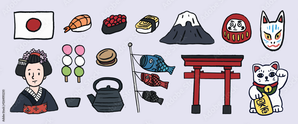 Japanese culture icons: sushi, Mount Fuji, Daruma, torii gate, tea set ...