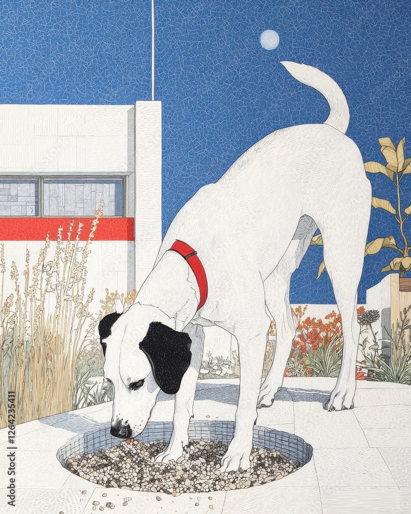 Curious dog digging in garden modern home illustration bright day side ...