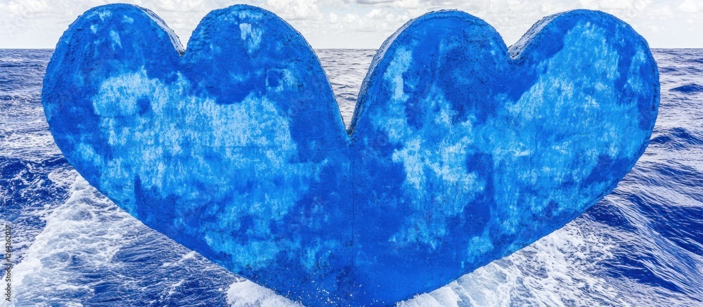 Ocean blue heart sculpture afloat, waves in background, romantic card ...