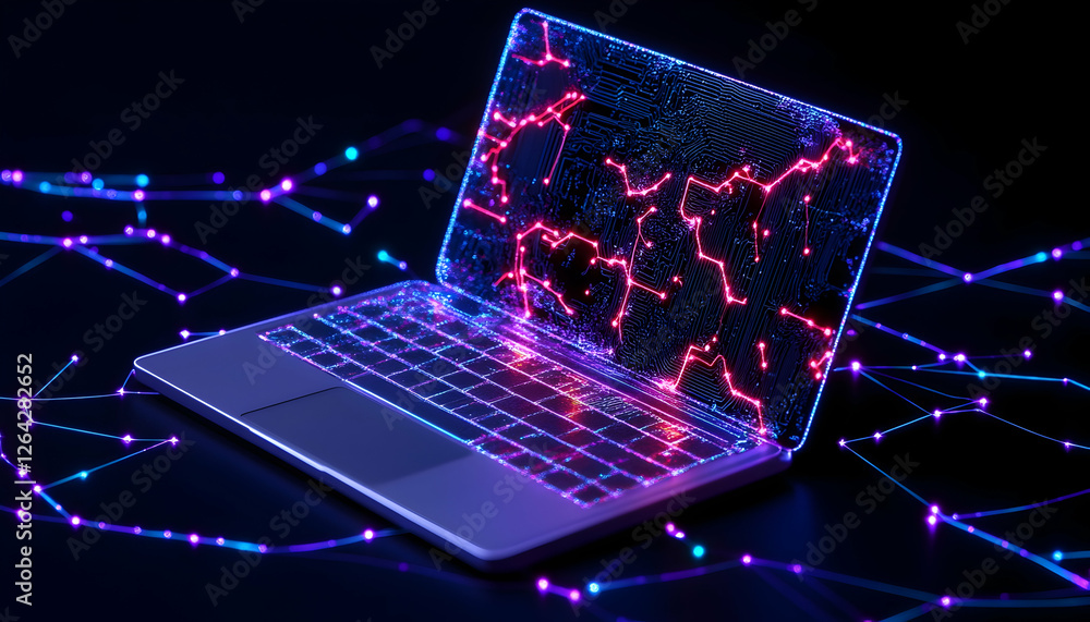 Laptop displaying a network connection with node-linked circuits for technology usage generative ...