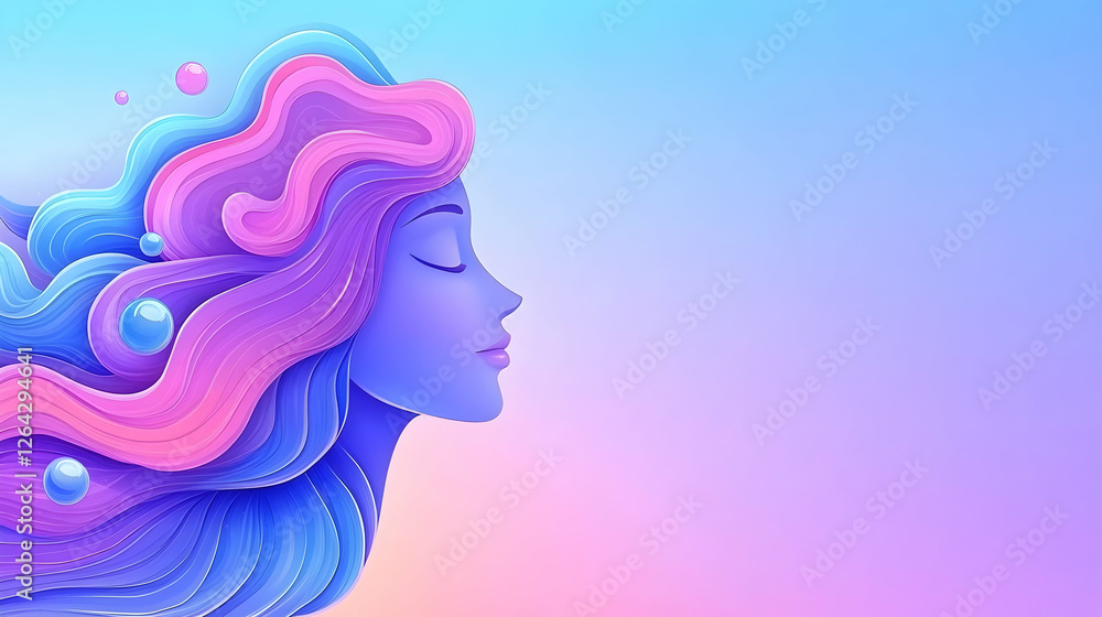 Dreamy woman profile with flowing hair and calming background for ...