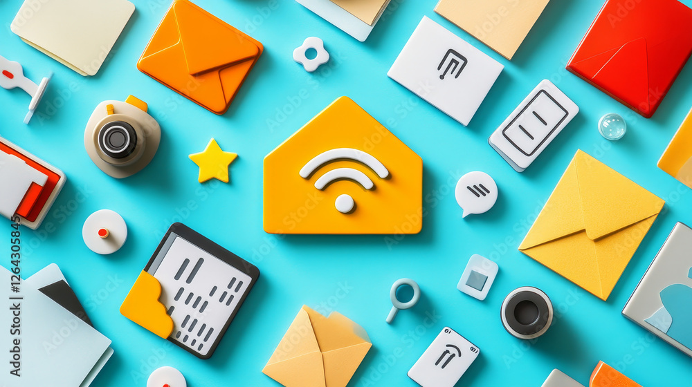 Isometric icons house, magnifier, mail envelope and wifi, cogwheel ...