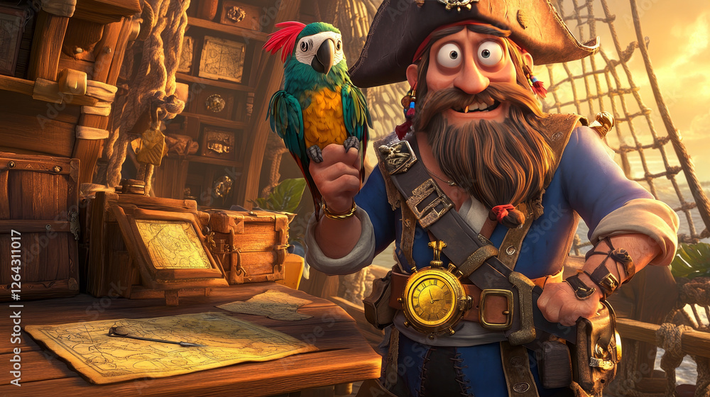 Peg-legged pirate with parrot standing in ship cabin. Vector ...