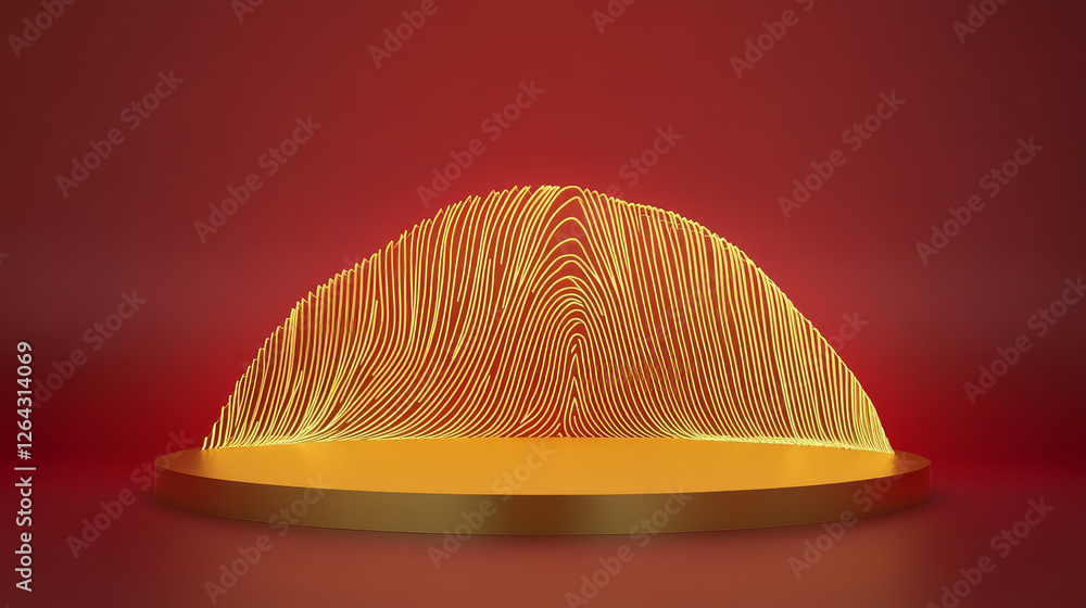 Round podium on red background with abstract golden lines on wall ...