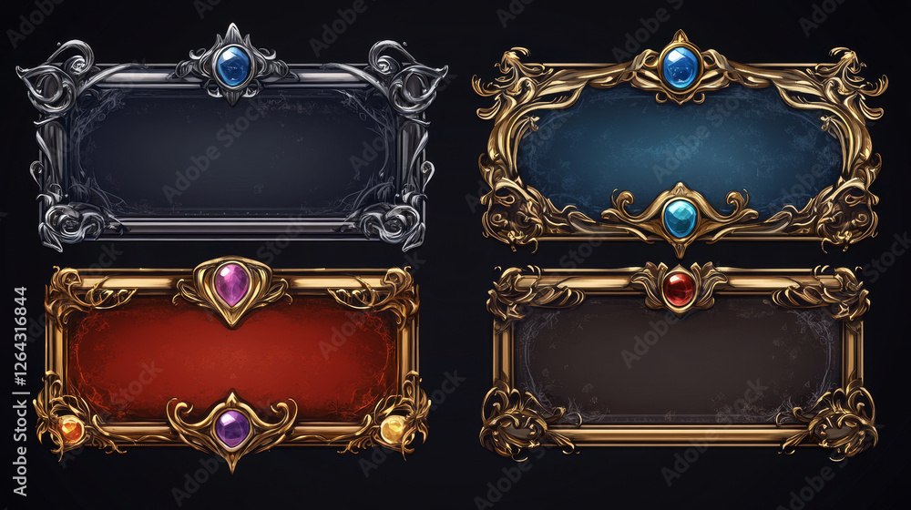 Set of square ui game frames, textured medieval borders of gold, silver or steel metal with gems ...