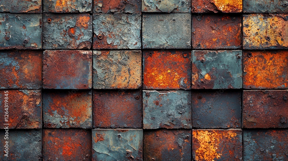 Textured metal wall featuring rusted and weathered tiles in a vibrant ...