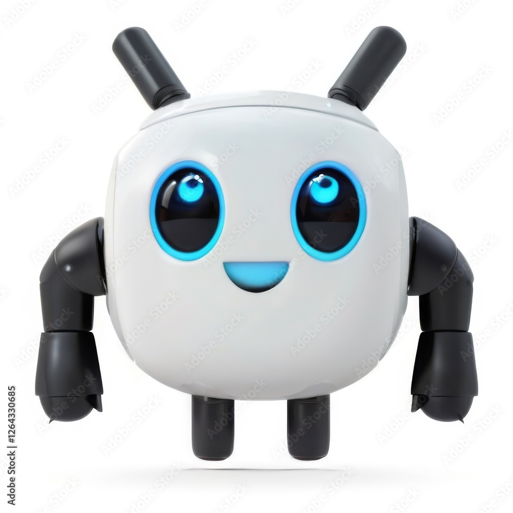 Cartoon robot creature with white body, black legs, large round eyes ...