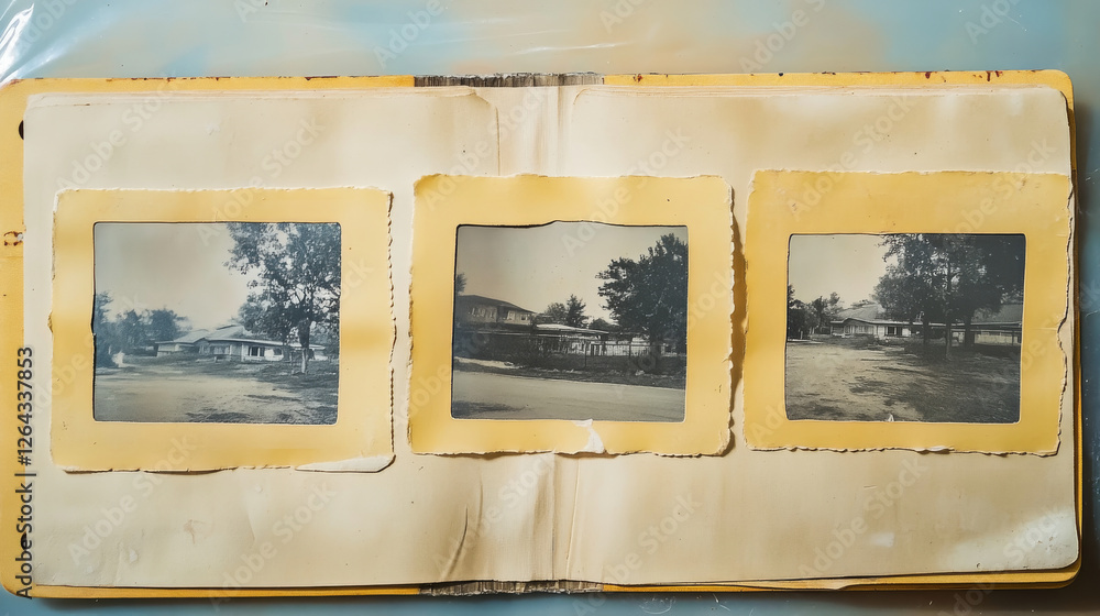 Realistic set of old photos attached to album page with sticky tape ...