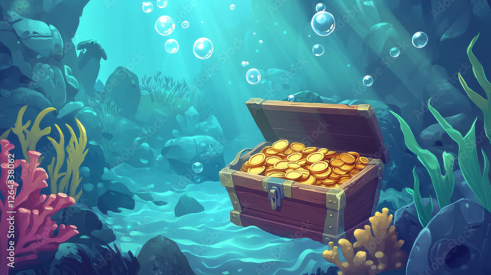 Old treasure chest with money on sea bottom. Vector cartoon ...