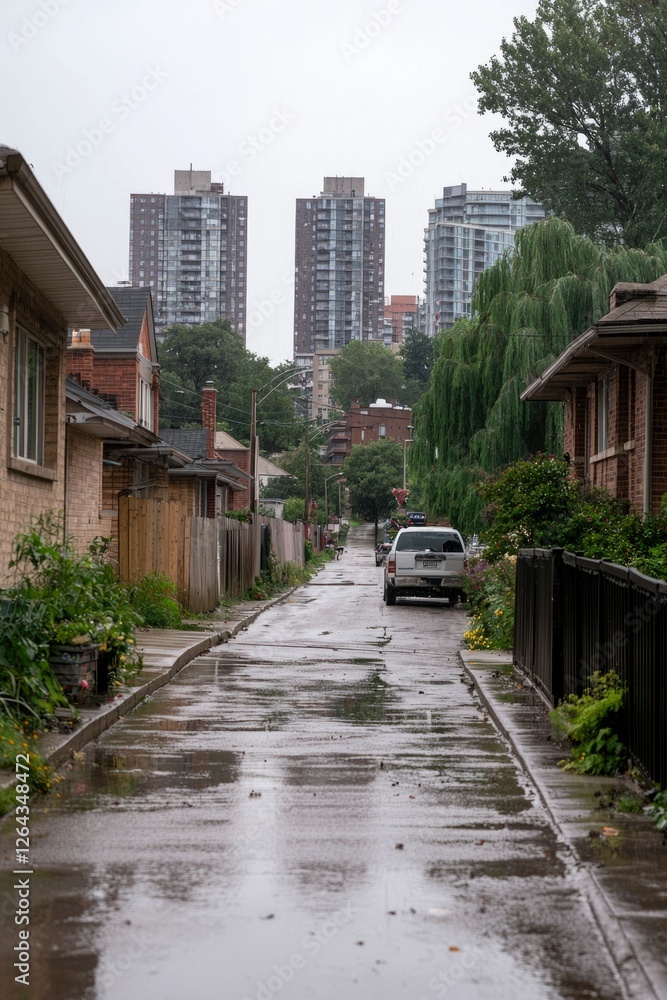 Wet back alley reflecting buildings in cityscape background after rain ...