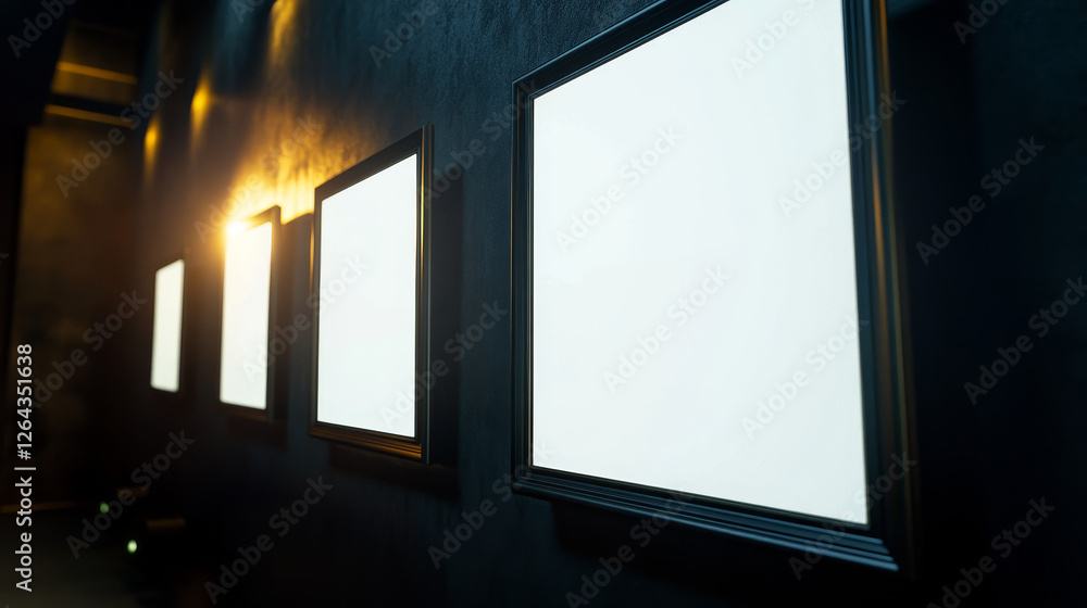 Black movie posters mockup. Blank picture frames on dark wall ...