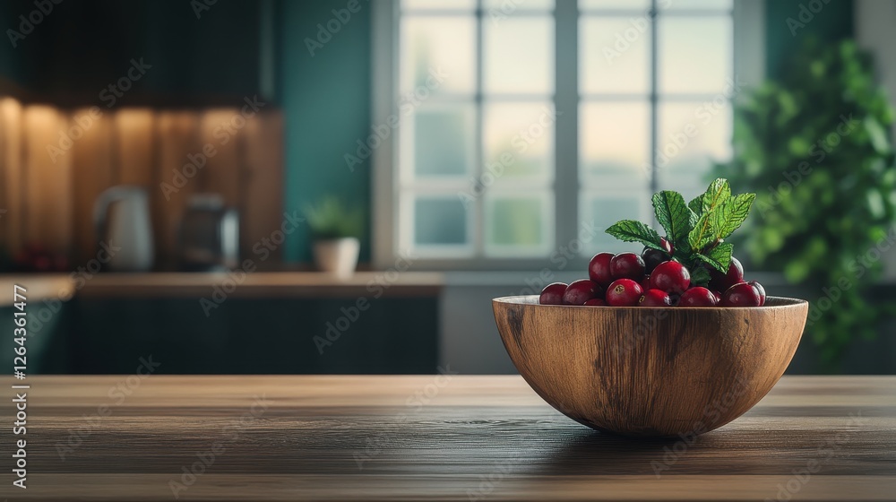 Fresh Red Berries in Wooden Bowl on Kitchen Counter with Warm Natural ...