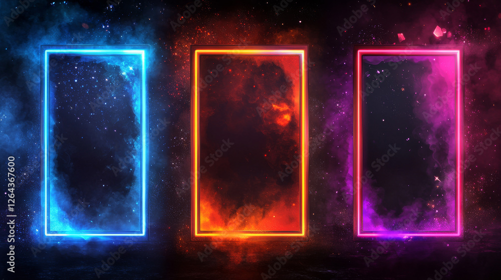 Neon futuristic door frame with glowing and steam effect. Realistic ...