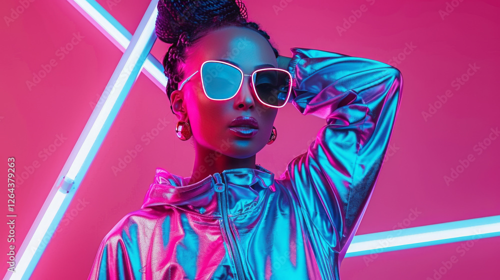 Neon Dreams: A young woman with a vibrant spirit rocks a sleek silver ...