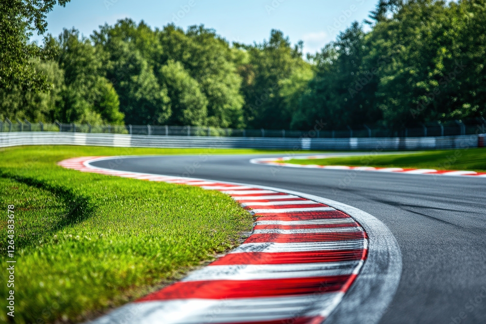 A bend at a Formula 1 race track. The sides of the track are lined with ...