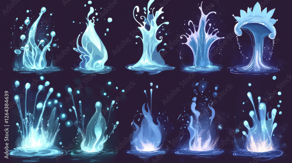 Water splash, vfx game cartoon video effects set. 2d liquid drops ...