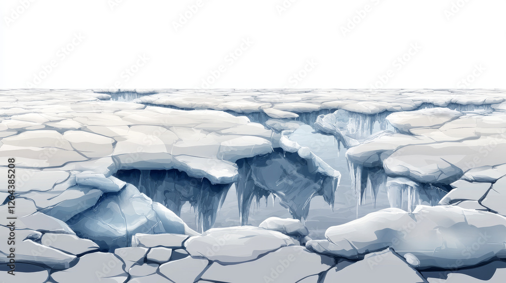 Ground cracks with frozen water inside top view, cracking holes, winter ...