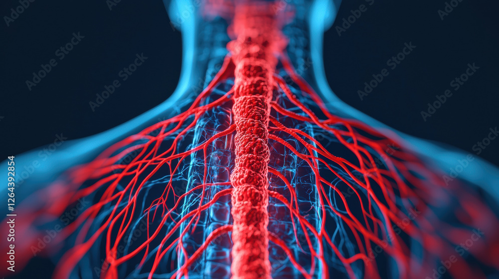 Anatomical illustration of human nervous system with detailed red veins ...