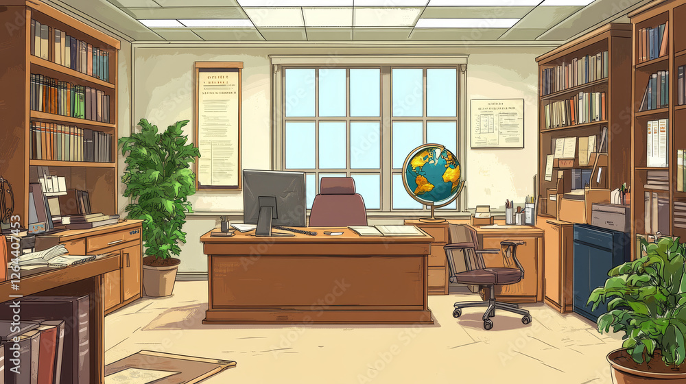 Principal school office interior, empty room with director table, computer, books and globe on ...