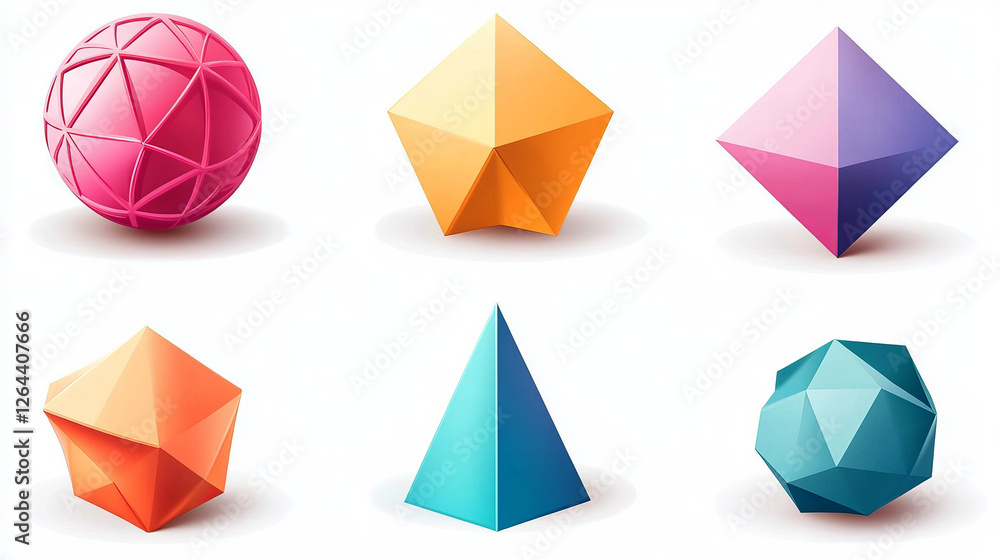 Geometric 3d shapes hemisphere, octahedron, sphere and torus, cone ...