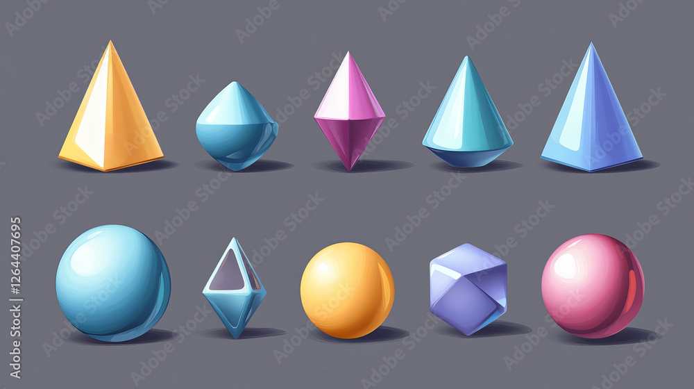 Ilustración de Stock Geometric 3d shapes hemisphere, octahedron, sphere and torus, cone ...