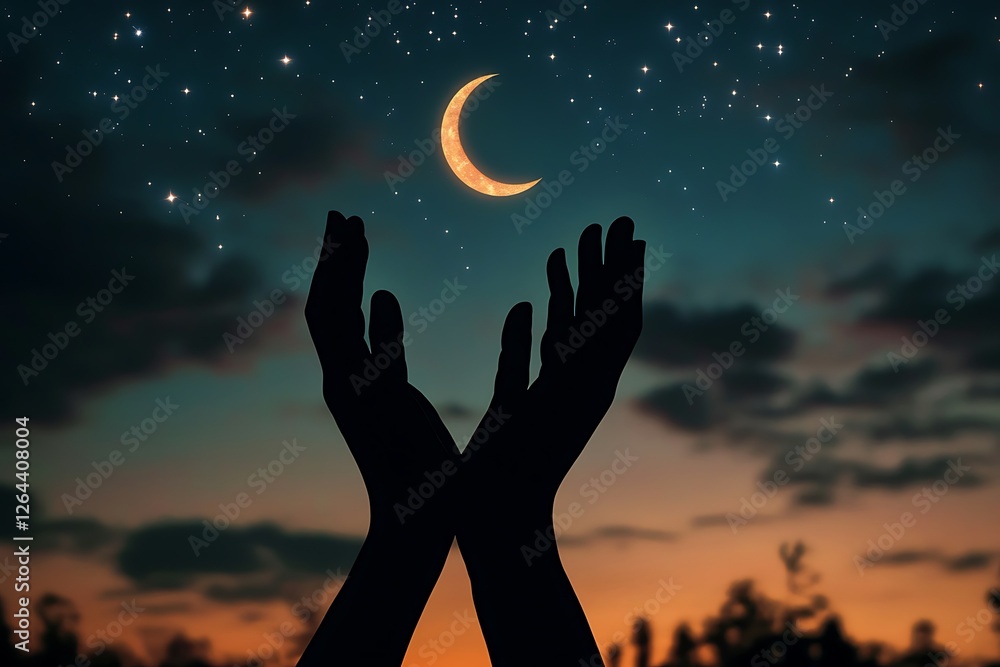 Hands Raised in Prayer Under Crescent Moon Night Sky Spiritual Image ...