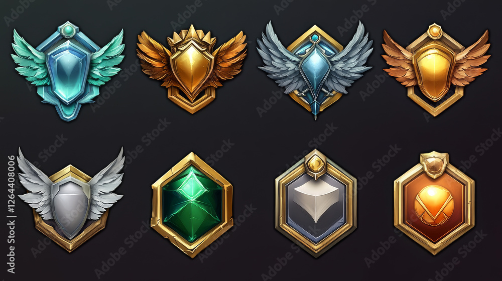 Game badges, buttons in hexagon frame with wings. Game medals, metal ...