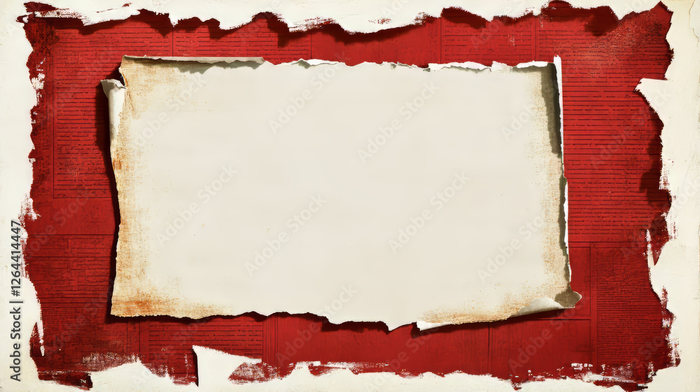 Red note paper with rip edge. Torn newspaper page frame. Old strip card ...