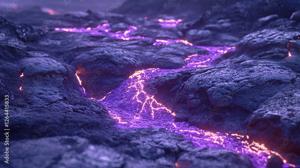 Lava in ground cracks, volcano magma purple glow texture in cracking holes, ruined land surface ...