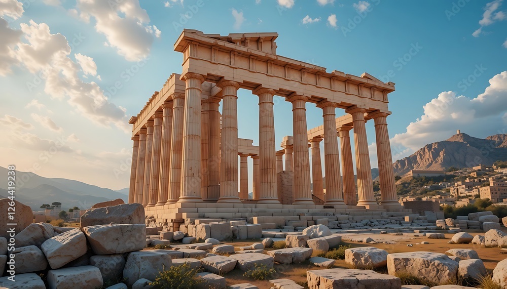Ancient Greek Temple Ruins at Sunset, Majestic Columns and Stone Blocks ...