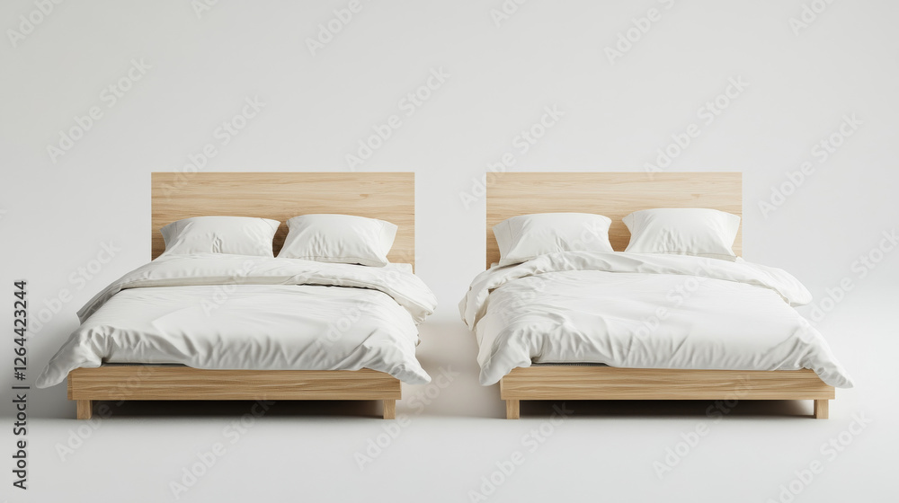 Single and double beds with white sheet, pillows and duvet top view ...