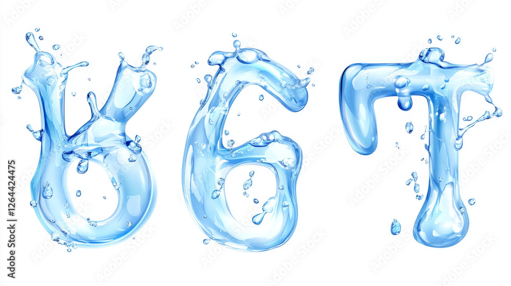 Water type font, liquid letters set. Pure aqua splashes in shape of ...