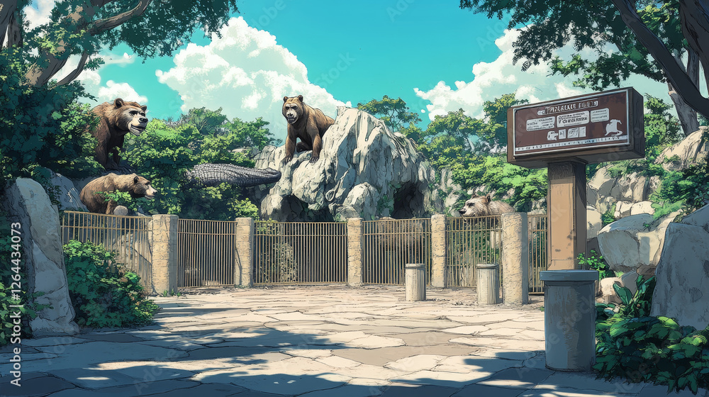 Ilustración de Stock Zoo gates with pointers to wild animal cages ...