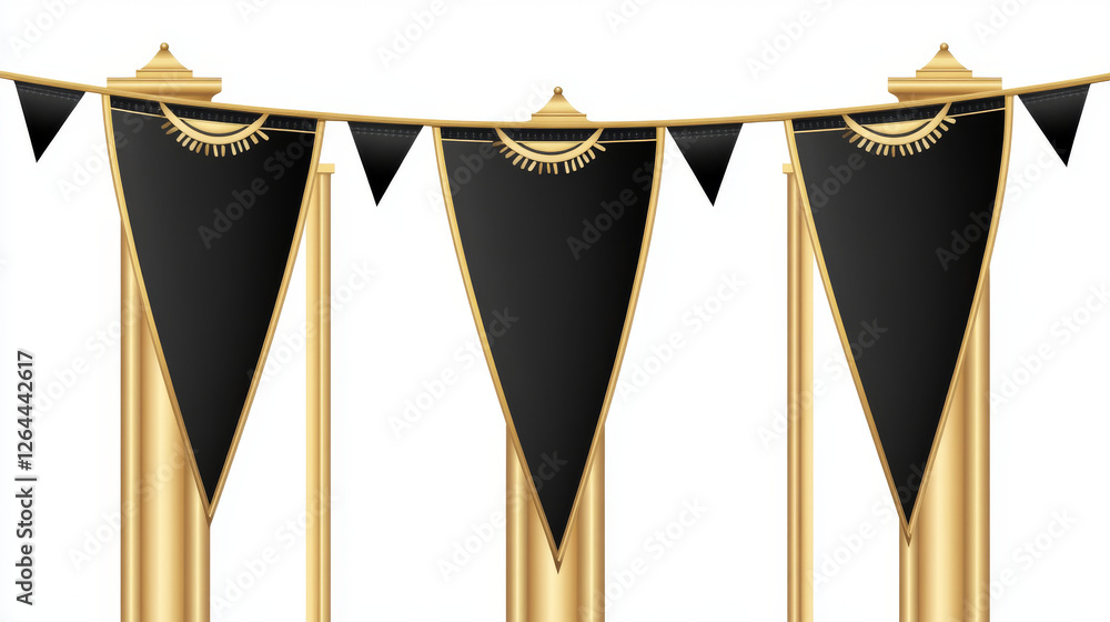 Black long pennant flags with golden tassel fringe and borders isolated ...