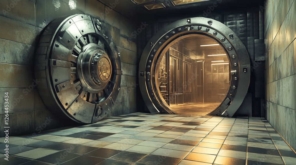 Bank safe and vault door, metal steel round gate mechanism in empty ...